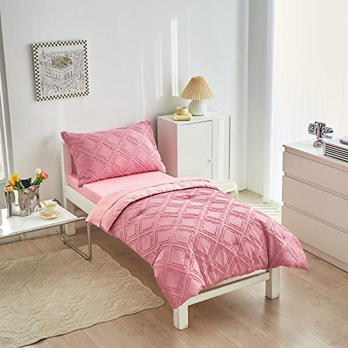 4 Pieces Tufted Toddler Bedding Set Solid Pink Jacquard Tufts, Soft and Embroidery Shabby Chic Boho Bohemian Design for Baby Girls, Includes Comforter, Flat Sheet, Fitted Sheet and Pillowcase