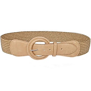YUCFOREN Women Skinny Dress Belt, Elastic Stretch Waist Band Straw Woven Rattan Wood Buckle Belts (Type 8-Khaki, Fits Waist: 33"-36")