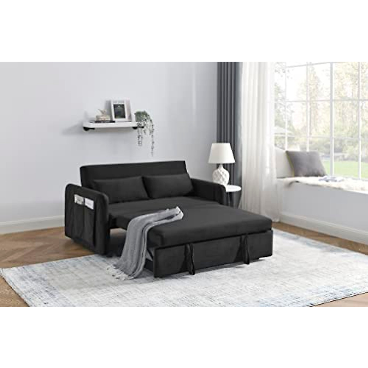HomSof 2 Pillows and Living Room Adjustable Backrest, Grid Design Armrests 55" Modern Convertible 2 Detachable Arm Pockets, Velvet Loveseat Sofa with Pull Out Bed, Style B, Black