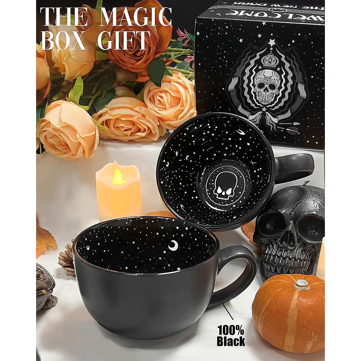 Maaacute Midnight Skull Coffee Mugs with Spoons, Halloween Christmas Birthday White Elephant Weird Gifts for Women Men Girl Friends, Halloween Spooky Witchy Gothis Decor Horror Novelty Tea Cups