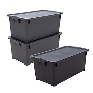 ASTAGE | Rolling Storage Tub, Storage Tote, Plastic Box, Lidded Box, Storage bins with lids 45Qt - 3pack (Black)
