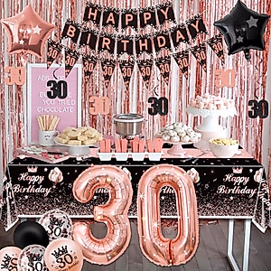 30th Black and Rose Gold Party Decorations - Happy Birthday Banner, Pennant, Birthday Balloons, Fringe Curtains, Tablecloth, Cake Topper, Hanging Swirls 30th Birthday Decorations for Women Princess