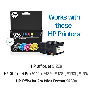 HP 936 Black, Cyan, Magenta, Yellow Ink Cartridges (4-pack) | Works with : OfficeJet 9122e; Pro: 9110b, 9125e, 9128e, 9130b, 9135e; OfficeJet Pro Wide Format 9730e | Eligible for Instant Ink | 6C3Z5LN