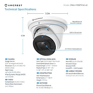Amcrest 4K Optical Zoom AI IP PoE Camera, Varifocal 8MP Outdoor IP POE AI Camera Turret, Face Detection, Human/Vehicle Detection, 2.7mm~13.5mm Lens, IP67, 5X Optical Zoom (IP8M-VT2879EW-AI)