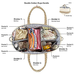 YeaYee Baby Diaper Caddy Organizer, X-Large, 5 Grids, 8 Pockets, Shoulder Strap Portable Nursery Storage Basket with 2 Changeable Compartments, 100% Cotton Woven Rope Bins, Newborn Gift