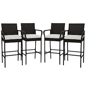 HAPPYGRILL Wicker Bar Stools Set of 4, Bar Chairs with Armrests, Footrests, Seat Cushions, Outdoor High Back Bar Stools for Patio Balcony Poolside