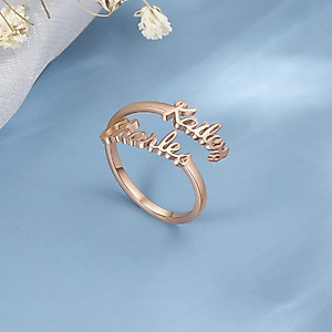 Personalized Name Ring for Women, Custom Adjustable Ring with 2 Names Promise Ring for Her Gift for Women Mother BFF (Rose Gold)