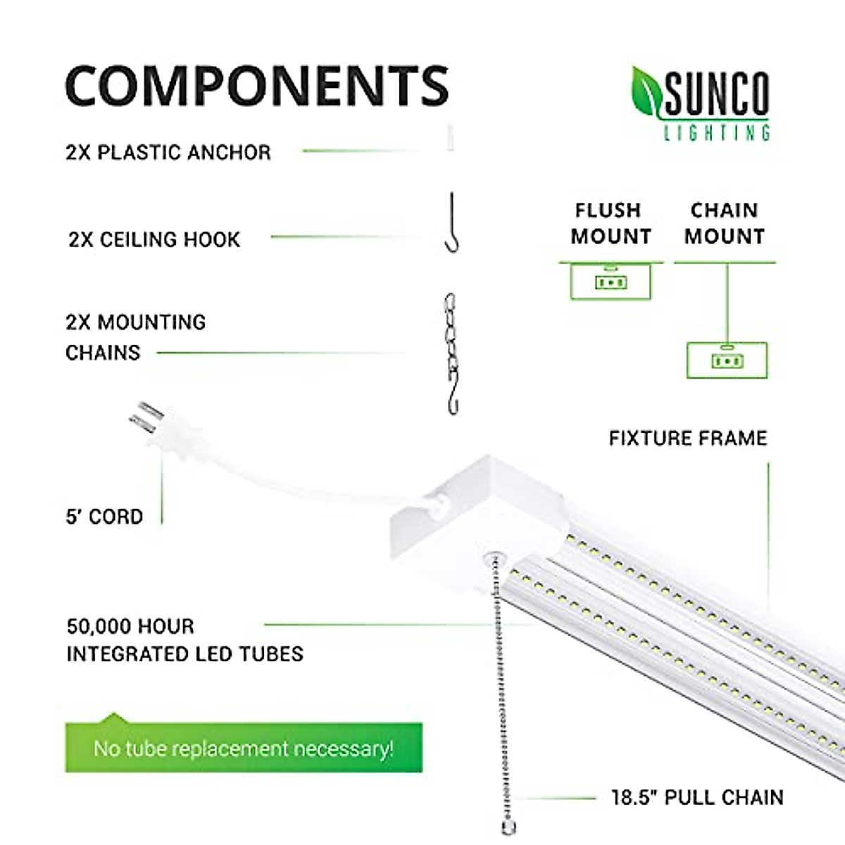 Sunco 10 Pack Linkable LED Utility Shop Light, 4500 LM, Single CCT (2700K), 4 FT, 48 Inch Integrated Fixture for Garage, 40W Equivalent 150W, Surface + Suspension Mount, White