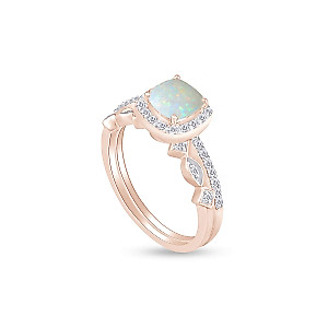 Cushion Cut Lab Created Opal And 0.25 Cttw White Natural Diamond Frame Art Deco Bridal Set Engagement Ring In 10k Solid Rose Gold Ring Size-7