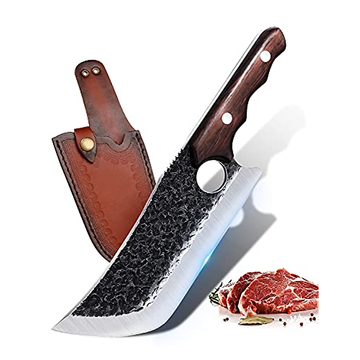 DRGSKL Hand Forged Meat Cleaver Knife Butcher Knife for Meat Cutting Full Tang Chef Knife with Belt Sheath and Gift Box High Carbon Steel Knife for Kitchen or Camping Thanksgiving Christmas Gift
