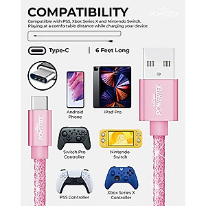 LIQUIPEL USB Type C Cable 6ft, USB A 2.0 to USB-C Fast Charger Extra Long Durable, Glitter Cables (Pink)