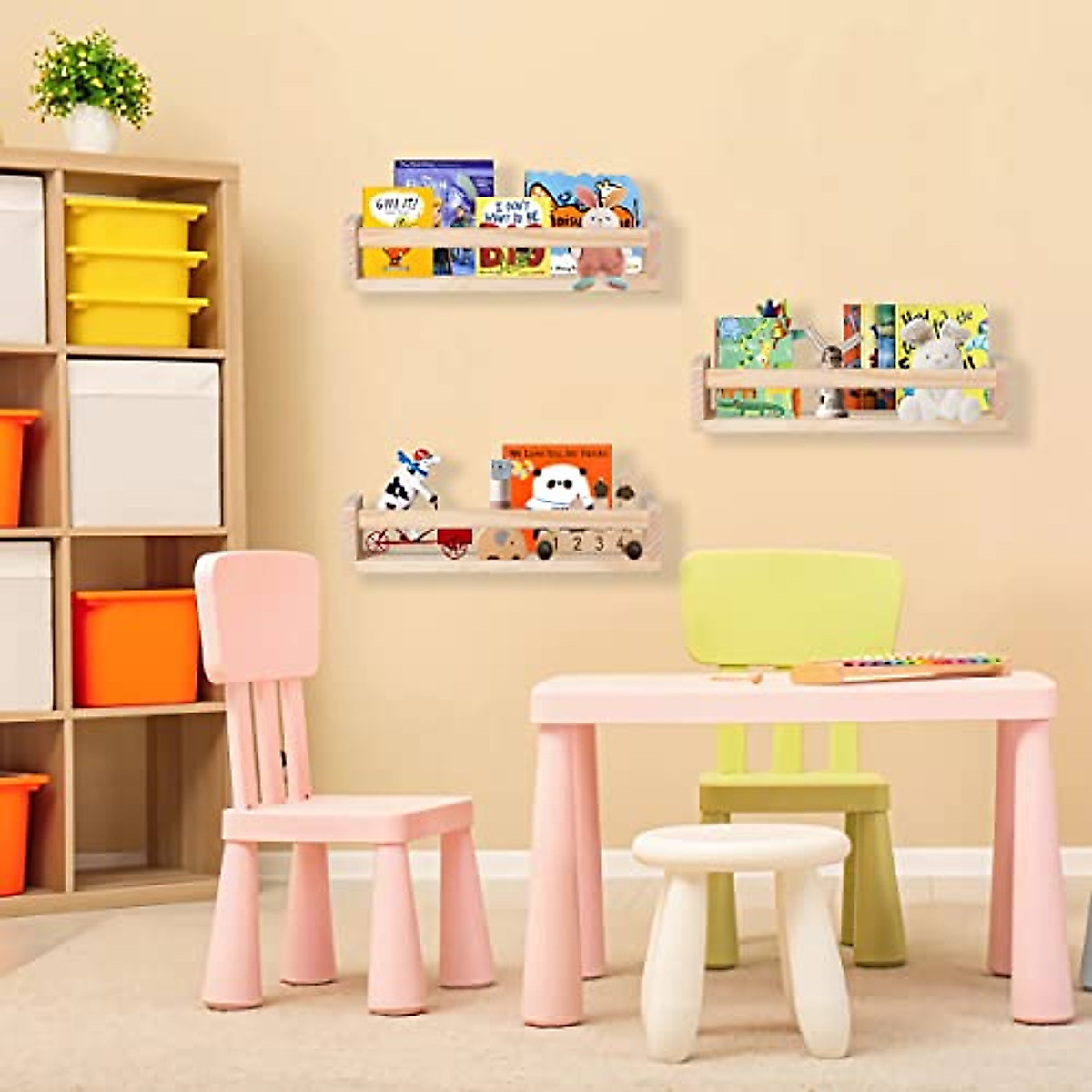 Set of 3 Nursery Room Shelves, Floating Bookshelf for Toddler Baby Room Bedroom Kitchen Bathroom, Small Book Shelf Organizer for Kids, Solid Wood Hanging Book Shelf for Wall Mounted Decor