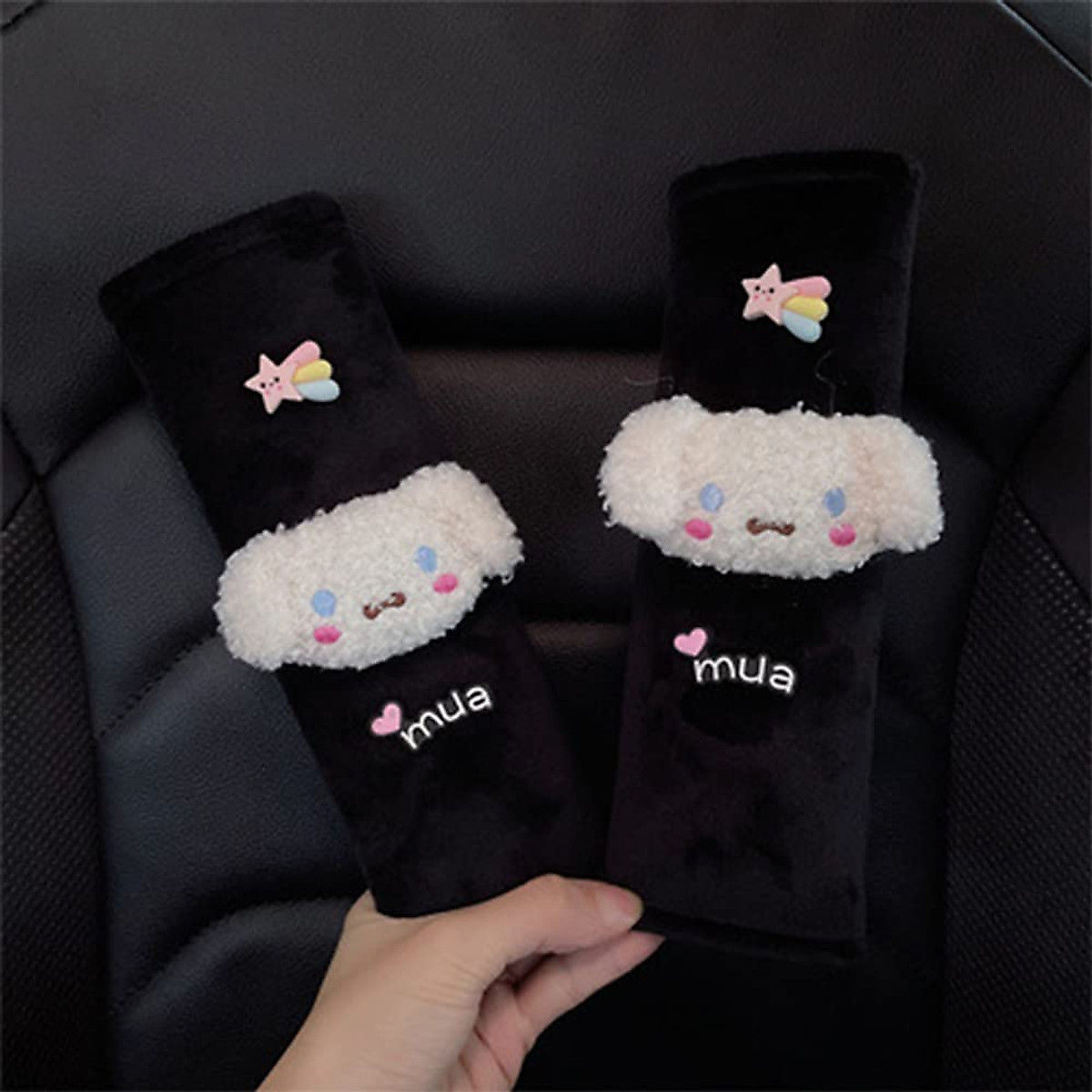 Akutoer Kawaii Car Seat Belt Strap Cover, Cute 2 Pieces Set Anime Seat Strap Neck Protector Car Decorations for Women