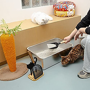 Yangbaga Newest Cat Litter Scoop with Deep Shovel, Non-Stick Coated Metal Litter Scoop with Ash Wood Handle&Hanging Design, More Efficient Litter Sifter with Better Litter Filtration (Dark Brown)