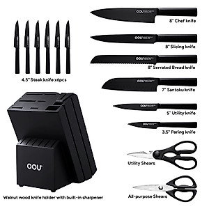 OOU Kitchen Knife Block Set - 15 Pieces High Carbon Stainless Steel Chef Knife Sets, Anti-Rust Black Knives Set with Built-in Sharpener Block, Black