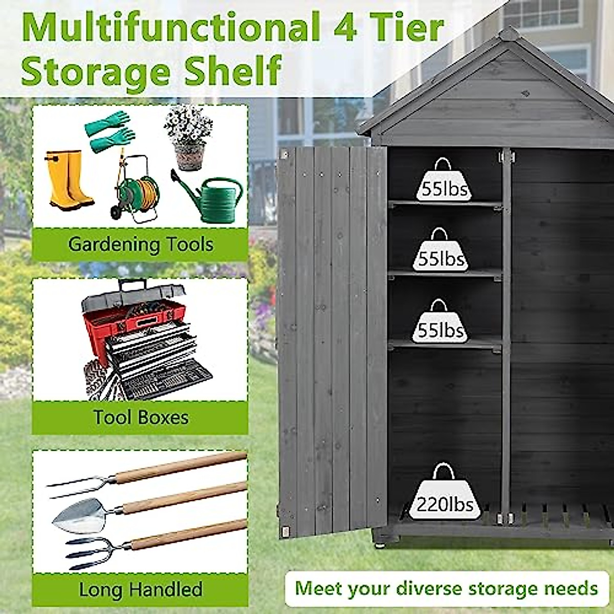 nifoti Outdoor Tool Shed Wooden Storage Cabinet,2-Door Garden Shed with 3 Detachable Shelves and Locking Latch,Outdoor Shed Box with Pitched Roof for Garden,Backyard,Manor (Grey)