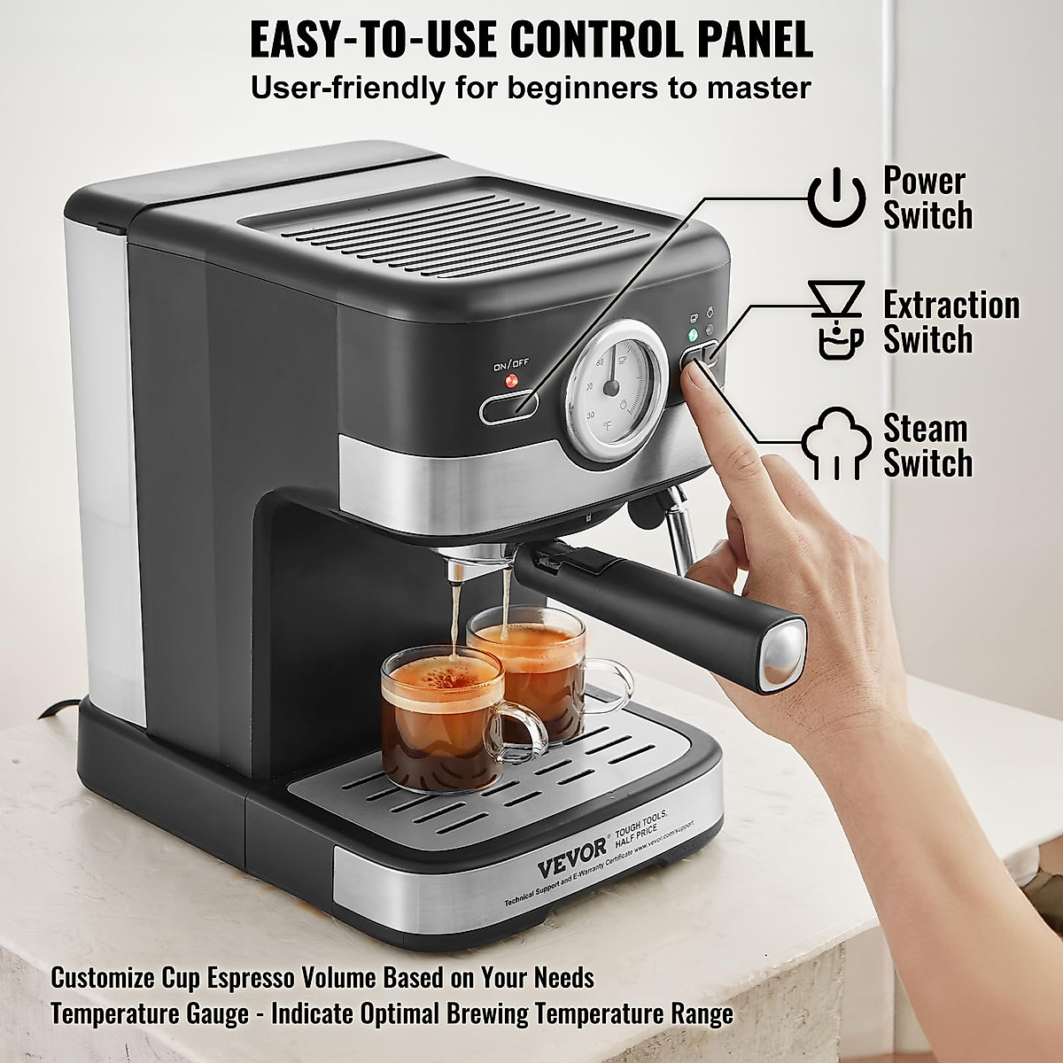 VEVOR Espresso Machine, 15 Bar Semi-Automatic Espresso Maker with Milk Frother Steam Wand for Latte and Cappuccino, Professional Coffee Maker with Temp Gauge & Removable Water Tank, NTC Control System