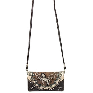 Zelris Western Mustang Horse Turquoise Women Crossbody Wrist Trifold Wallet (Brown)