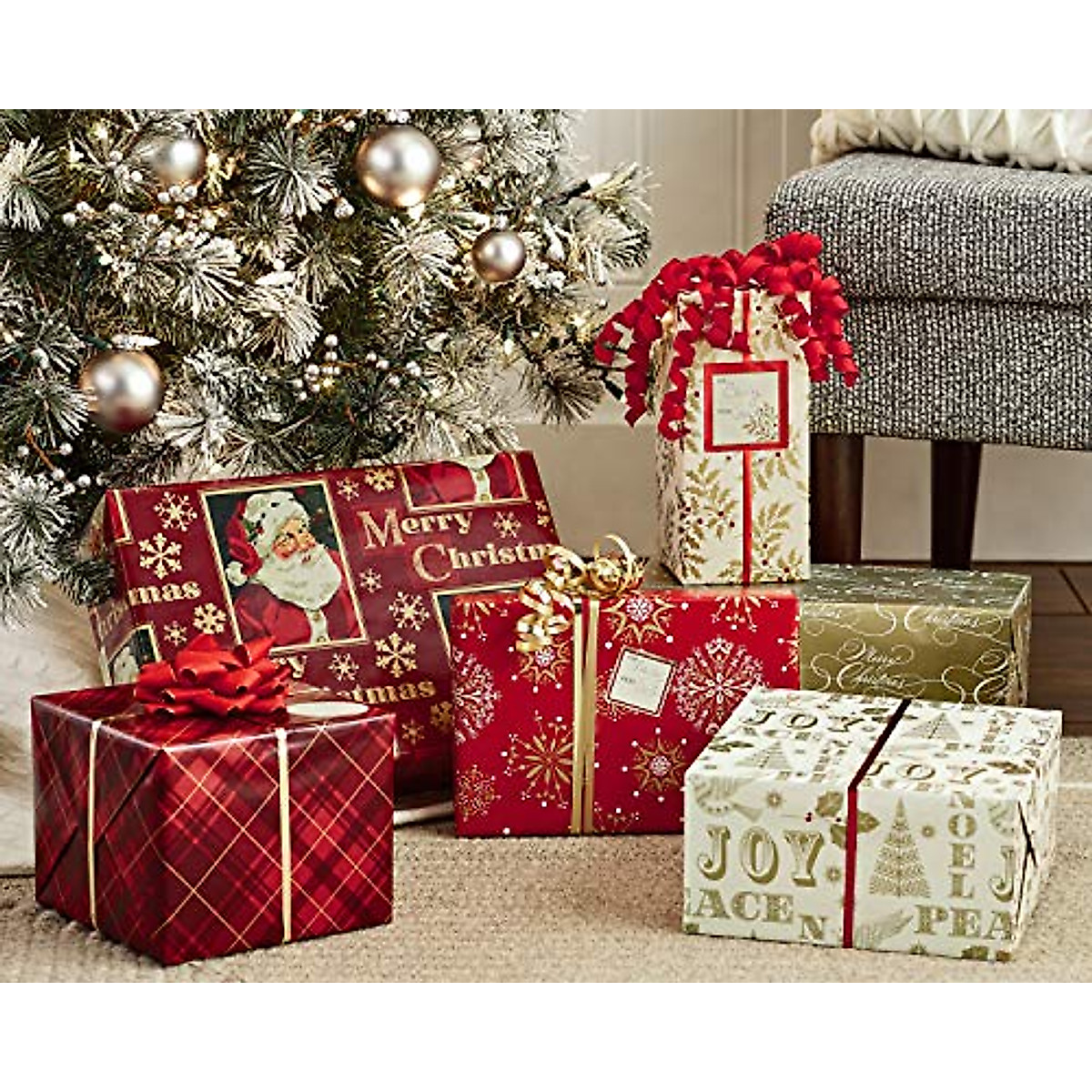 Hallmark Reversible Christmas Wrapping Paper Set with Ribbon and Gift Tag Stickers (Traditional Red and Gold, 3 Rolls of Wrapping Paper and Ribbon)
