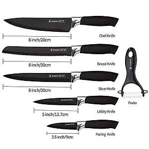 Ceramic Knife Set, Black Coated Knives Set, 6 pieces Stainless Steel Knife Set, BO Oxidation, No Rust, Sharp Black Knife Set with Gift Box for Cooking Cutting and Paring