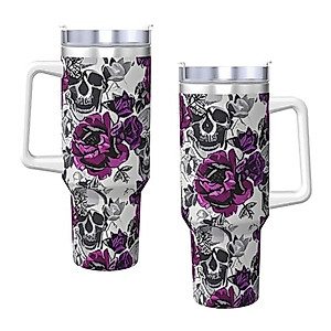 ZHSGNMHH Floral Skull 40oz Tumbler With Handle And Straw Stainless Steel Hot/Cold Travel Coffee Cup With Lid