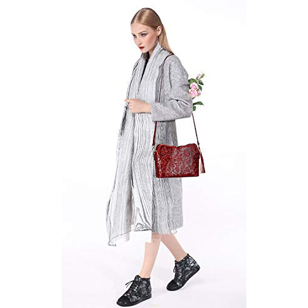 PIJUSHI Designer Leather Handbags for Women Ladies Floral Crossbody Shoulder Bags Clutch Purse (20093 Red)