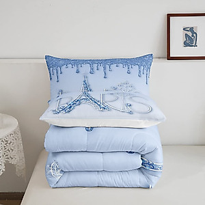 Paris Comforter Set Twin Size,Eiffel Tower Floral Quilt Set 2pcs for Kids Girls Women Boys Room Decor,Blue White Gradient Glitter Bedding Set Romantic Chic French Duvet Insert,1 Pillowcase