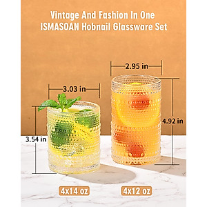ISMASOAN Vintage Drinking Glasses Set of 8,Hobnail Glassware 14 oz and 12 oz,Bubble Glasses Drinking,Vintage Glassware,Beaded Glassware,Highball Glasses,Gift Box Set