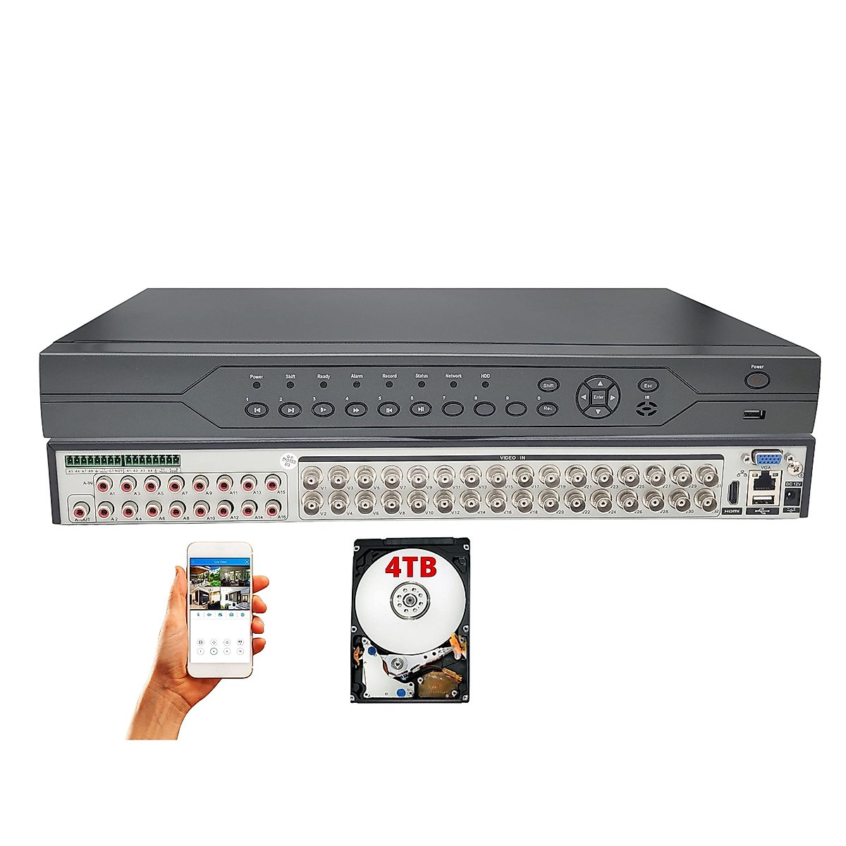 Evertech 32 Channel 32CH H.265 Hybrid DVR Recorder 4-in1 for HD TVI AHD CVI and Analog 1080P Home Business Security Surveillance Camera Systems + 4TB Hard Drive Memory for 24/7 Recording Remote Access