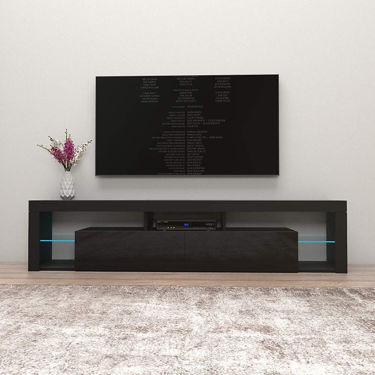 MEBLE FURNITURE & RUGS Milano 200 Floating TV Stand for TVs up to 90", Modern High Gloss 79" Entertainment Center, Wall Mounted TV Media Console with Storage Cabinets and LED Lights