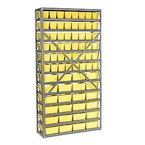 Global Industrial 13 Shelf Steel Shelving with (72) 4" H Plastic Shelf Bins, Yellow, 36x12x72