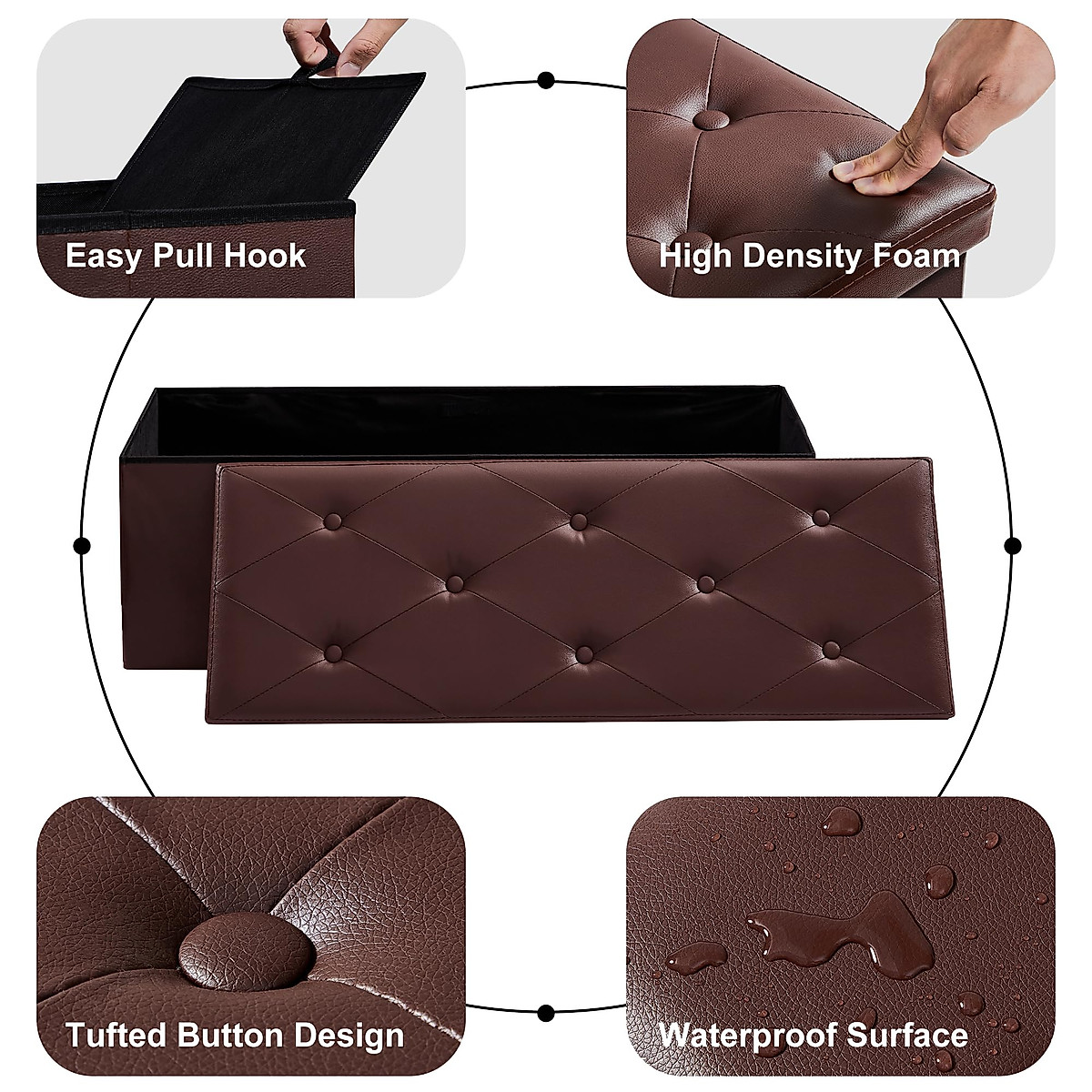 VECELO 43'' Folding Storage Ottoman, End of Bed Bench, Tufted Faux Leather Chest for Living Room, Utility Room, Hallway, Holds up to 660 lb, Easy to Assemble, Black