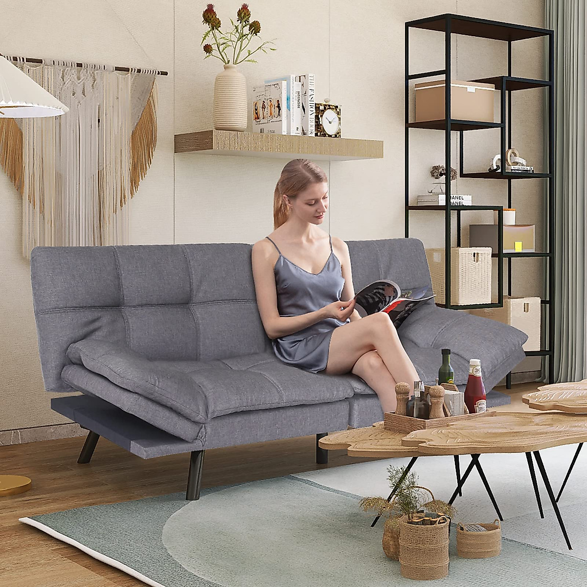 Opoiar Futon Sofa Bed Grey Fabric Memory Foam Leather Futon Split Seat,Modern Sleeper Sofa Love Seat，Folding Modern Sleeper Sofa for Small Space/Drom/Office/Apartment