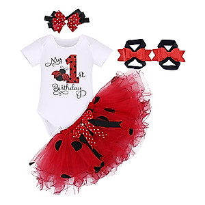 Baby Girls Cake Smash 1st Birthday Outfit Set Romper Bodysuit Dress+Polka Dots Tutu Skirt+ Ears Headband+Barefoot Sandals Foot Bands for Newborns Infants Photograph Ladybug-1st Birthday 1T