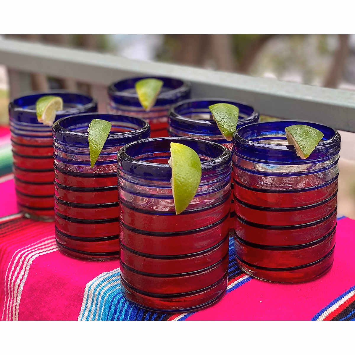 Hand Blown Mexican Drinking Glasses – Set of 6 Tumbler Glasses with Blue Spiral Design (10 oz each) …