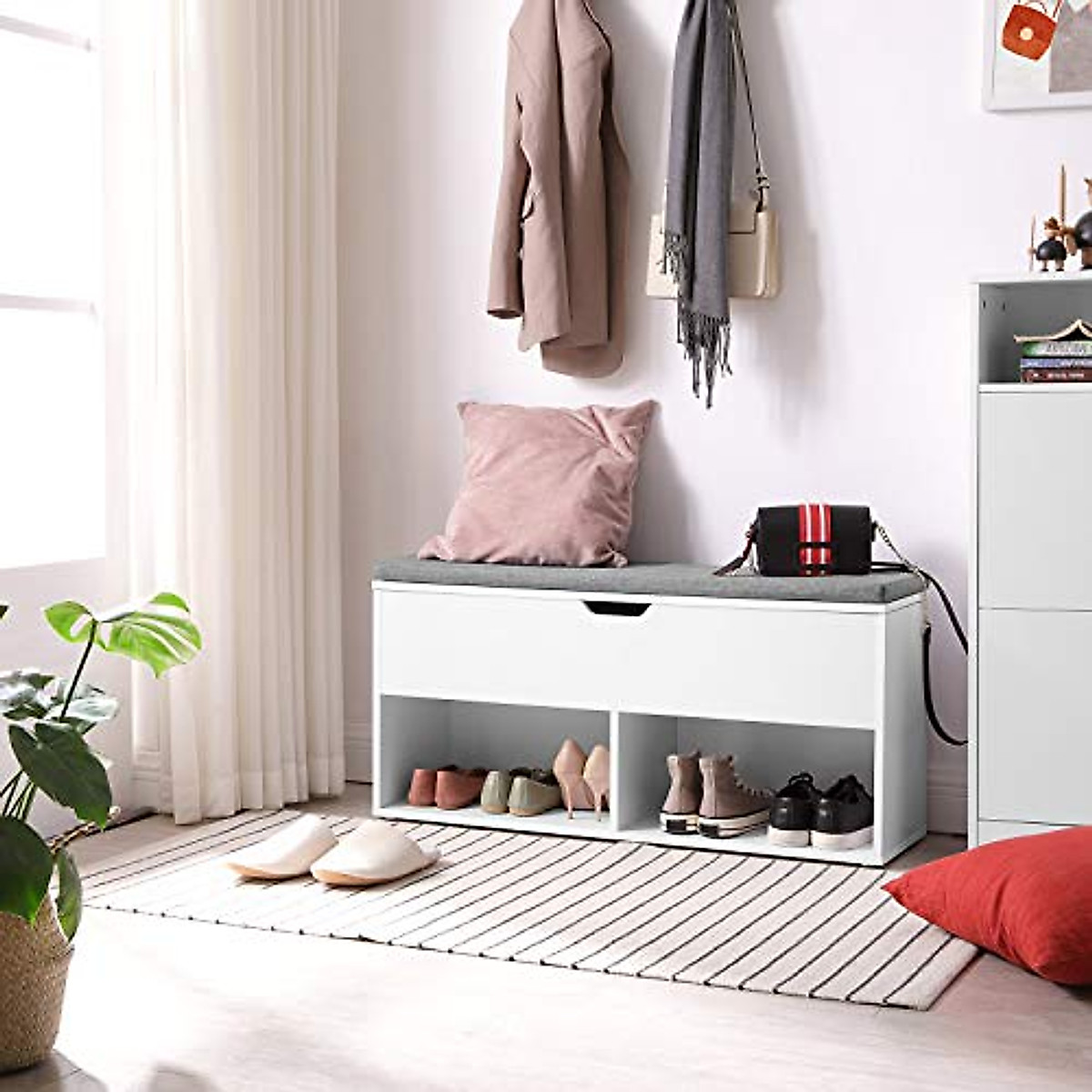 VASAGLE Shoe Bench, Storage Bench with 2 Open and 1 Closed Compartments, Shoe Shelf, Padded Seat, for Entryway, Living Room, Bedroom, White and Gray LHS021W01