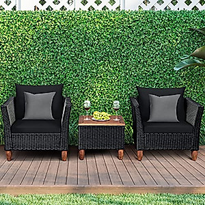 Tangkula 3 Piece Patio Furniture Set, Patiojoy Outdoor Wicker Rattan Bistro Sofa Set w/Washable Cushion, Acacia Wood Top Coffee Table, Conversation Set w/Adjustable Feet for Balcony Backyard Porch