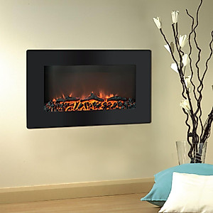 Hanover Fireside 30'' Black Wall Mounted Electric Fireplace with Driftwood Log Display and Realistic Flame, Modern Wall Fireplace Heater with Remote Control for Home, Living Room, Office