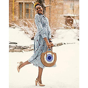 Straw Bag Round Woven Zippered Shoulder Bag Crossbody Bags Handwoven Handbags Evil Eye-khaki