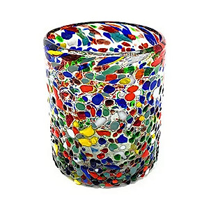 Hand Blown Mexican Drinking Glasses – Set of 6 Confetti Rock Tumbler Glasses (10 oz each)