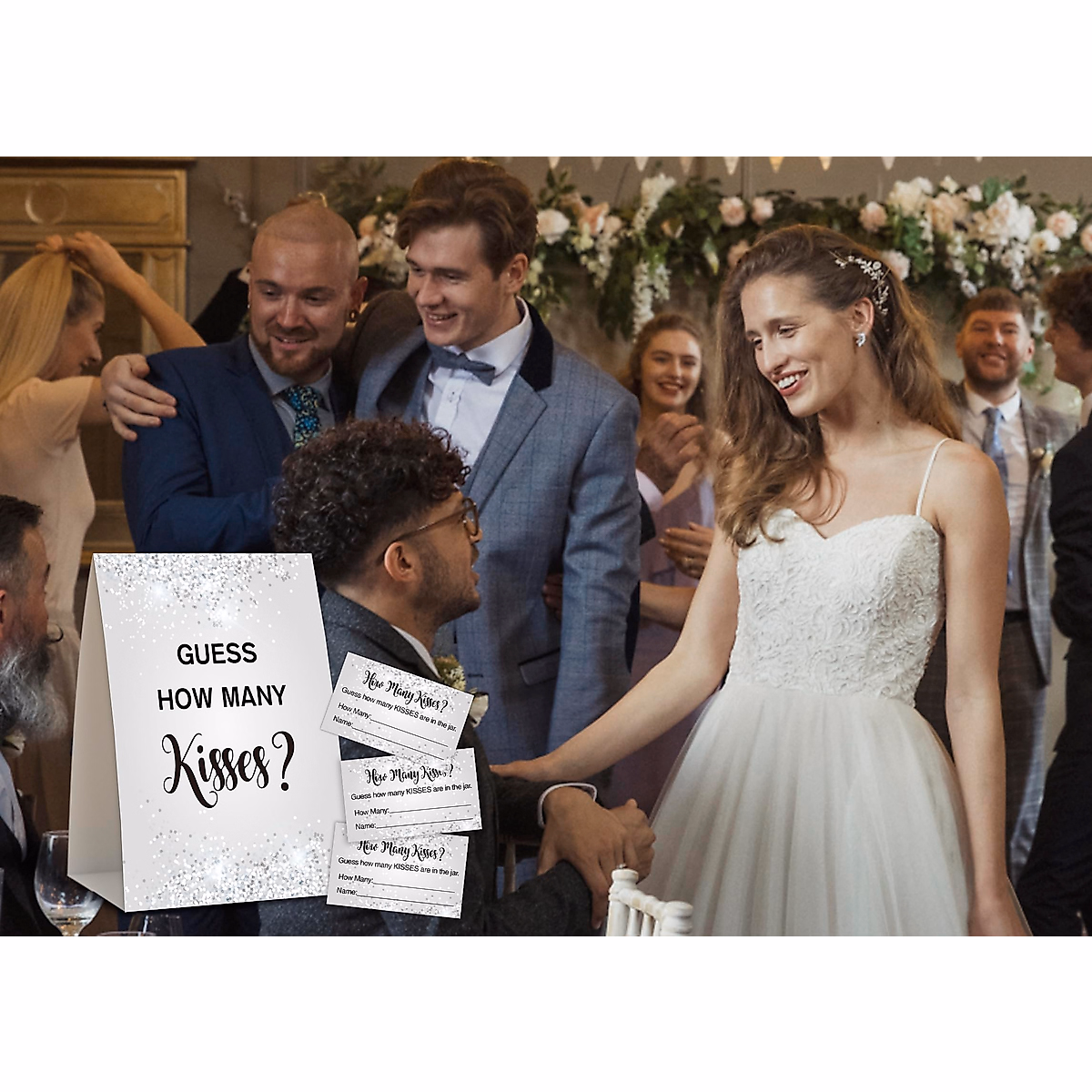 Silver Polka Dot Confetti Design Guess How Many Kisses Bridal Shower Game,Bridal Shower Decorations,Popular Bridal Shower Games,Engagement Party Game,Set Including 1 Sign And 50 Guessing Cards-08