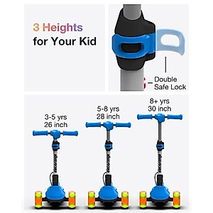 Elecorange Electric Scooter for Kids Ages 4-6, 3 Extra Wide Light Up Wheel & Deck, 3 Adjustable Heights, 5 Mph, Foldable 3 Wheel Electric Scooter for Kids, Toddlers, Boys, Girls Ages 4-8 [Blue]