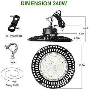 480V UFO LED High Bay Lights 240W, 38400LM, 0-10V Dimmable, 1000W HID/HPS Replacement, 5ft Cable, IP65, Hook Mount, Shop Lights, Garage, Factory, Warehouse, Workshop, Area Light