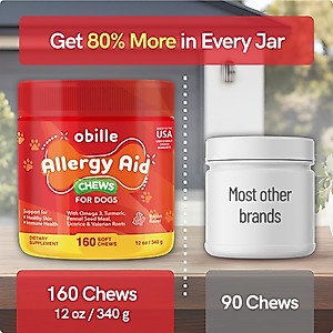 Obille Allergy Aid for Dogs 160 Chews 12 oz – Relieves Itchy Skin, Healthy Coat, Safe Natural Ingredients, Antioxidant Immunity Booster with Omega3 & Turmeric