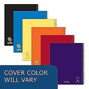 Roaring Spring Lefty Wirebound Spiral Left Handed Notebook, One Subject, 8.5"x10.5", 100 White Sheets Wide Ruled Paper, Asst Colors, Right Side Wire For Easier Use, Perforated, 3 Hole Punched