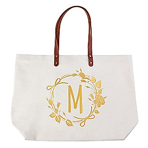 ELEGANTPARK Birthday Gifts for Women Mom Friend Personalized Bag with M Letter Teacher Gifts Bridesmaid Gifts Monogrammed Gifts for Women Canvas Tote Bag Ivory with Pocket