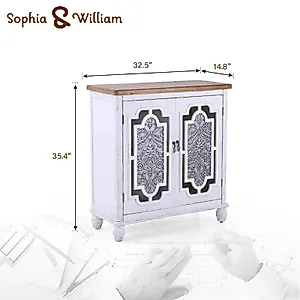 Sophia & William Accent Storage Cabinet with Wood Frame and Iron Embossed Painted Door, Distressed Floor Cabinet for Entryway Living Room