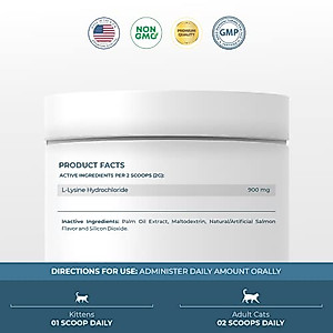 L-Lysine Supplement for Cats 4oz/120g - Cat Supplement for Sneezing and Runny Nose, Cat Cold, Cat Immune Support, Eye Function and Respiratory Health – Lysine Powder for Cats, Salmon Flavor