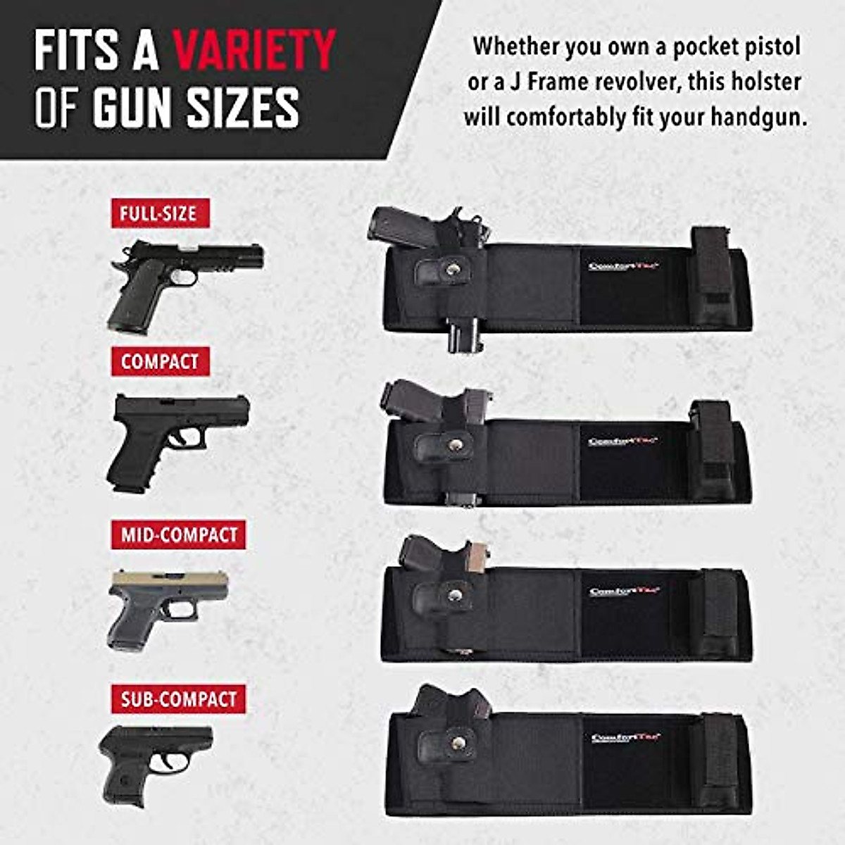 ComfortTac Ultimate Belly Band Gun Holster for Concealed Carry | Compatible with Smith and Wesson, Shield, Glock 19, 17, 42, 43, P238, Ruger LCP, and Similar Guns for Men and Women (Black, XL, Right)