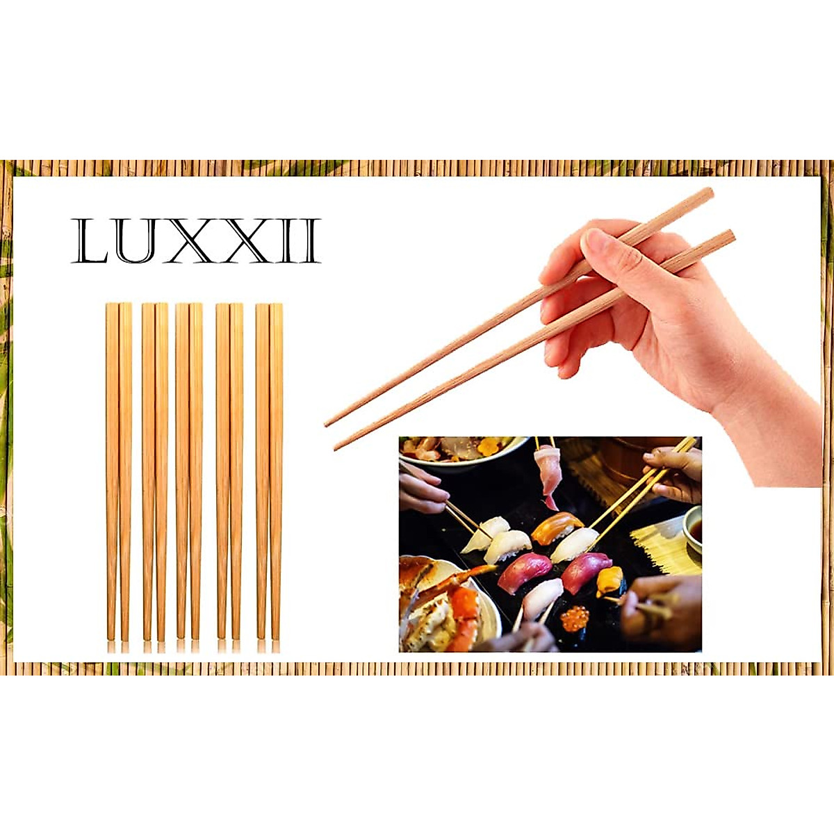 Luxxii 9.5" Natural Chinese Bamboo Wooden Chopsticks Set Reusable Classic Style Wood Chopsticks (5 Pairs)